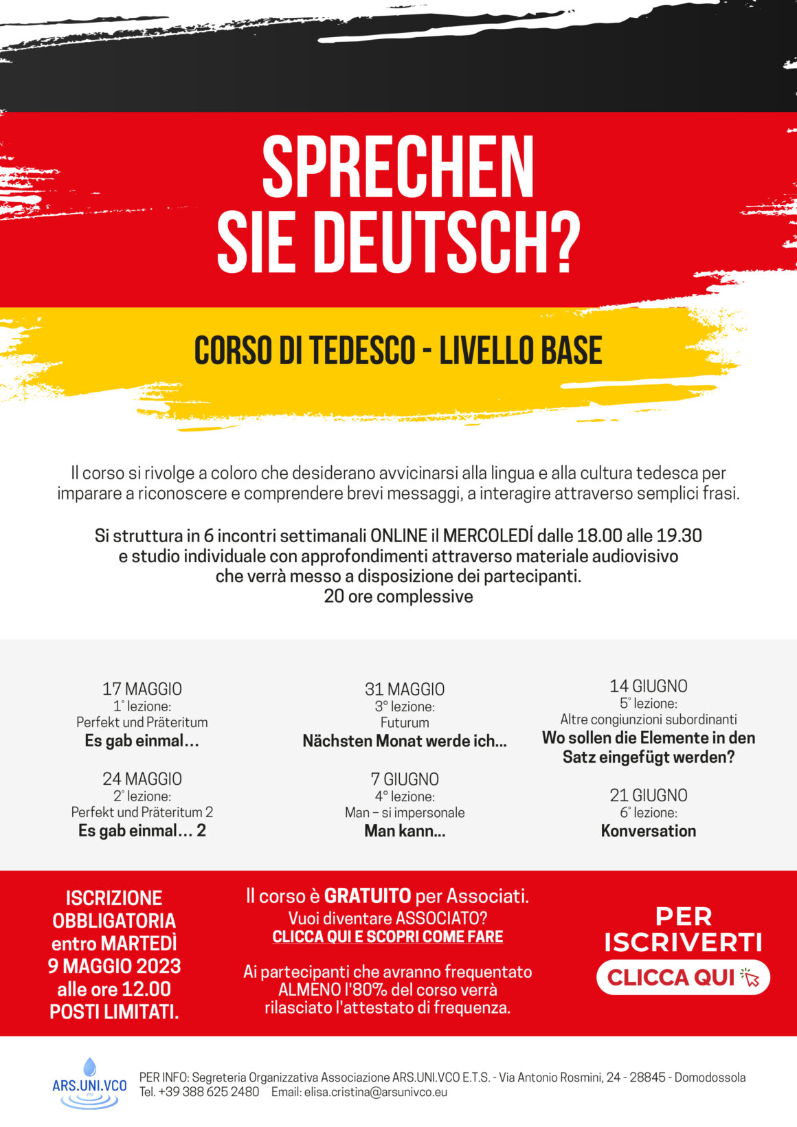 Corso di TEDESCO base: ONLINE dal 17 MAGGIO – ARSUNIVCO